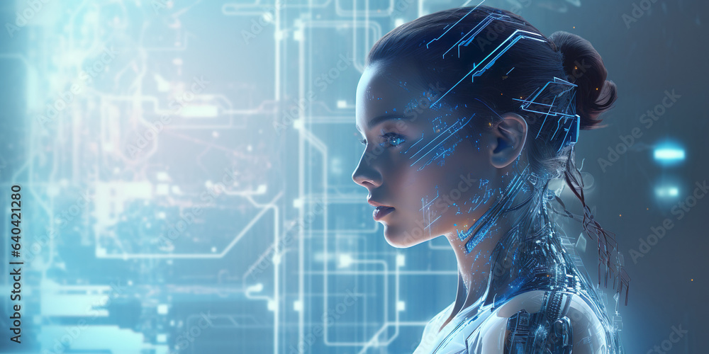 Artificial intelligence concept, a digital humanoid android robot face. AI technology, Chat GPT ...