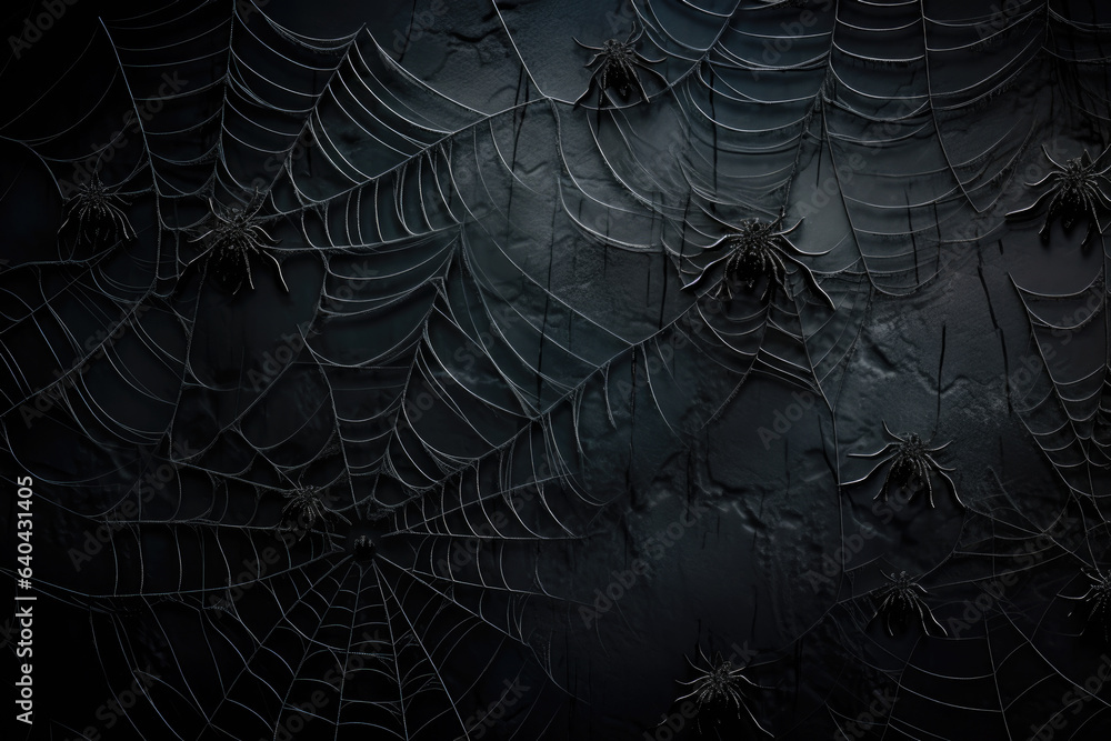 Creepy web and black spiders on dark wall, Halloween night background ...