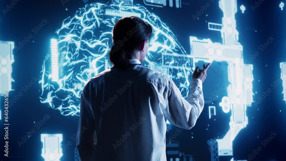 Experienced admin looking at hologram of artificial intelligence cognitive computing human brain ...