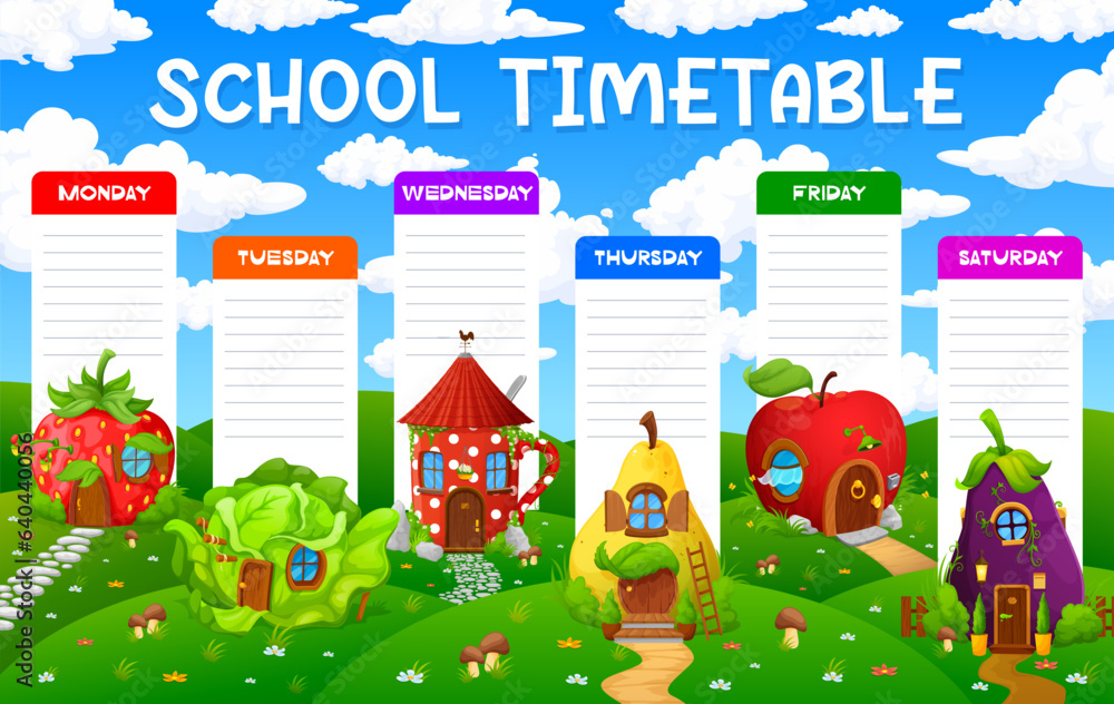 Cartoon fairytale houses village with timetable schedule, vector school ...