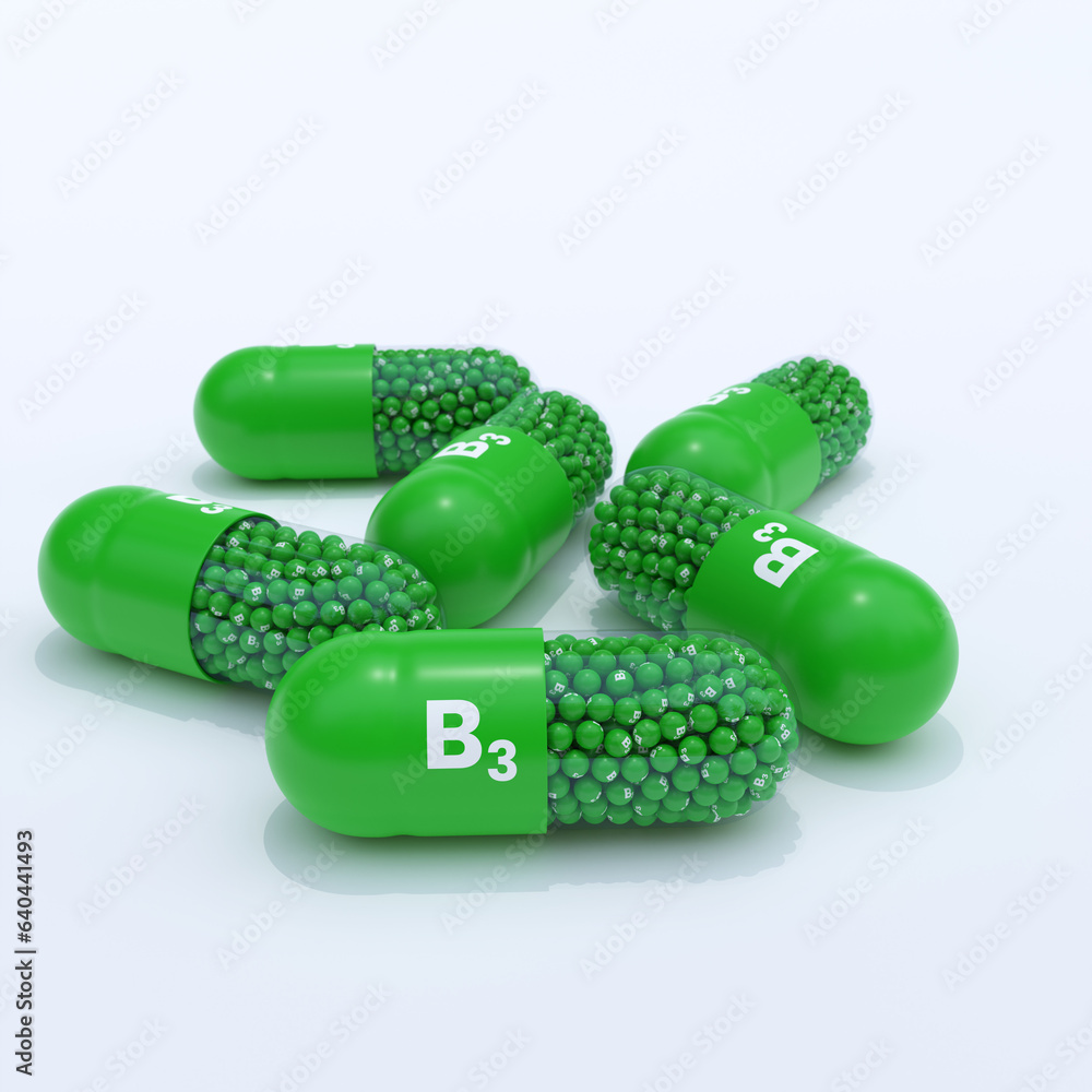 Vitamin B3 With Green Capsules, Granules and White Background Stock ...