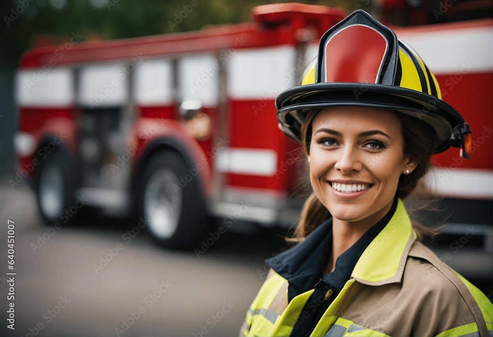 Smiling young female firefighter in front of a blurry fire station ...