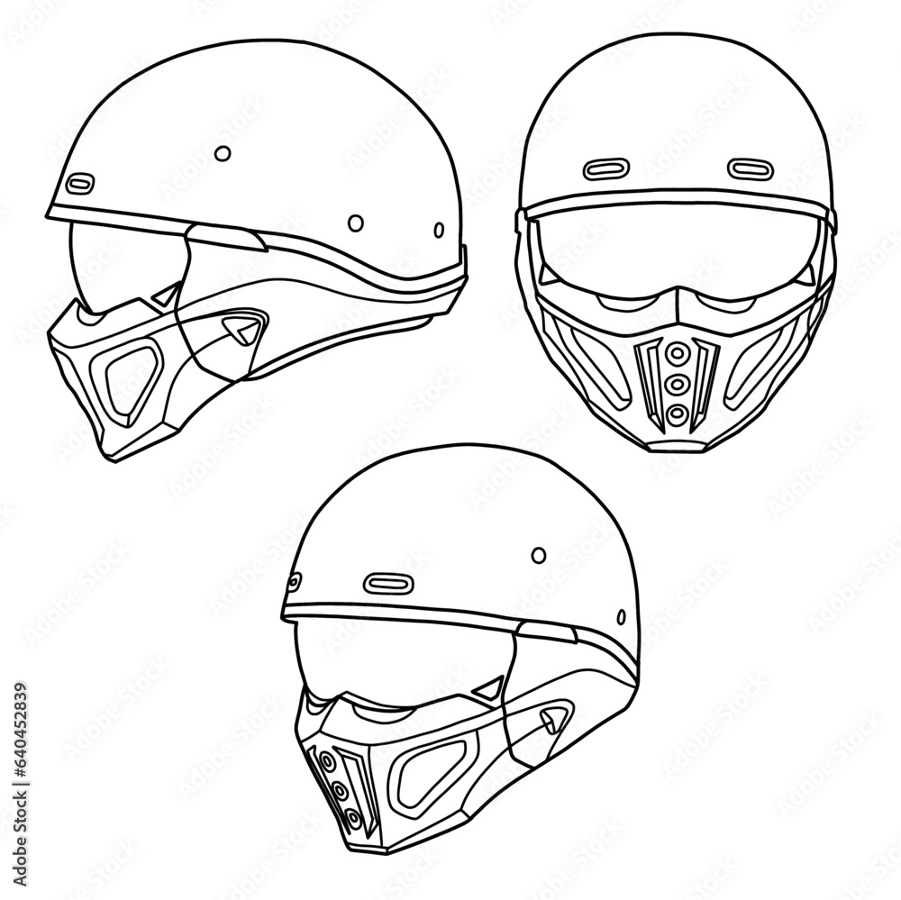 Technical sketch drawing of half face helmet with mask line art ...