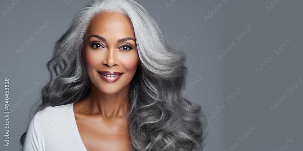 Older black woman with gray hair beauty photoshoot with copy space Stock Photo | Adobe Stock