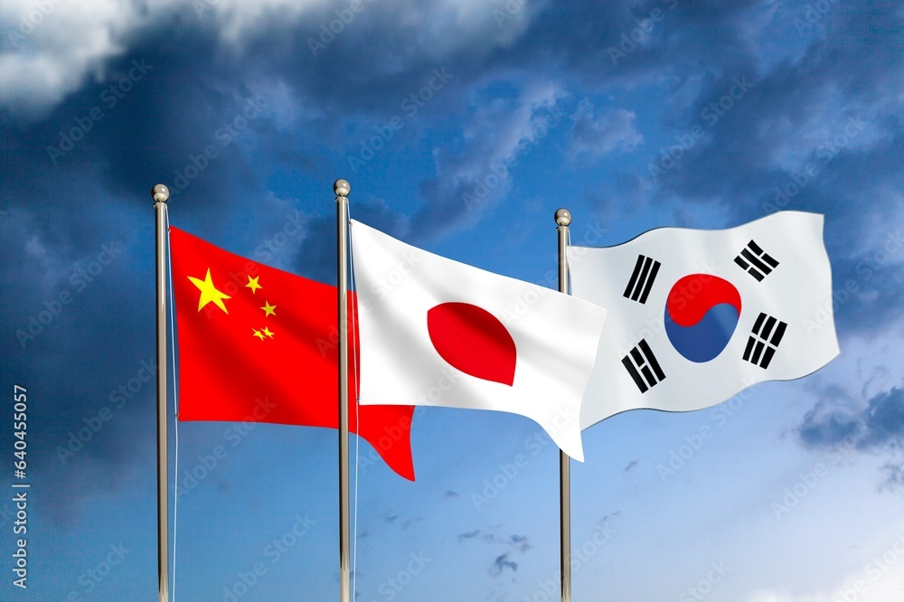 Flag of China, Korea and Japan wave in sky background Stock Photo ...