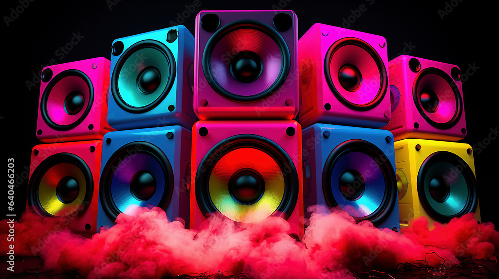 Multi-colored speakers emit a mist of pink smoke from their base ...
