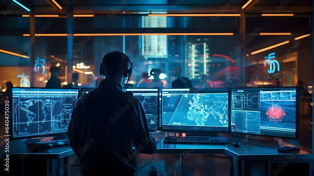 Cybersecurity Expert Working in a Futuristic High-Tech Office ...