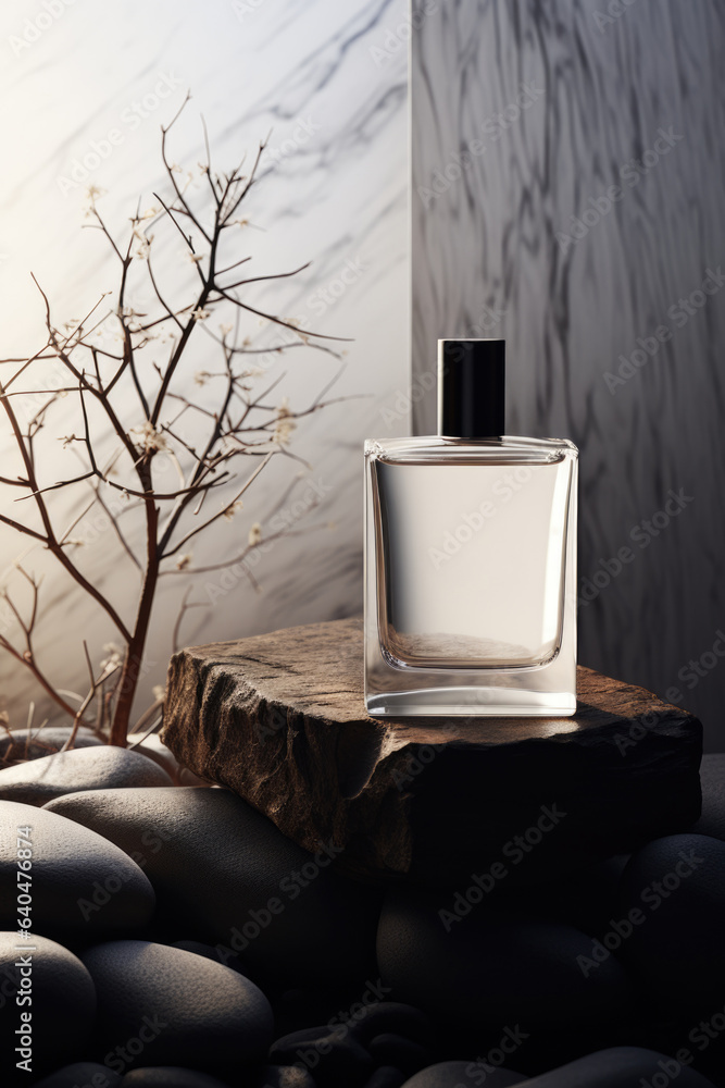 Transparent bottle of essence perfume on a minimalistic background with ...