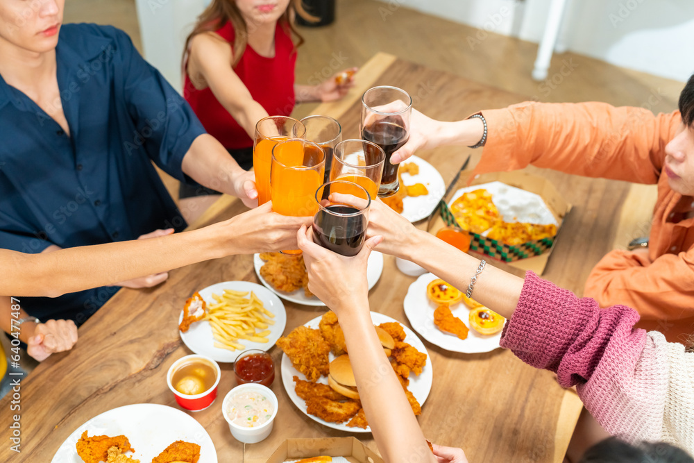 Group of Young Asian man and woman friends having dinner party eating ...
