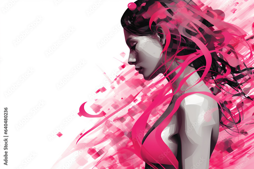 the classic pink ribbon in a digital context. Woman portrait ...