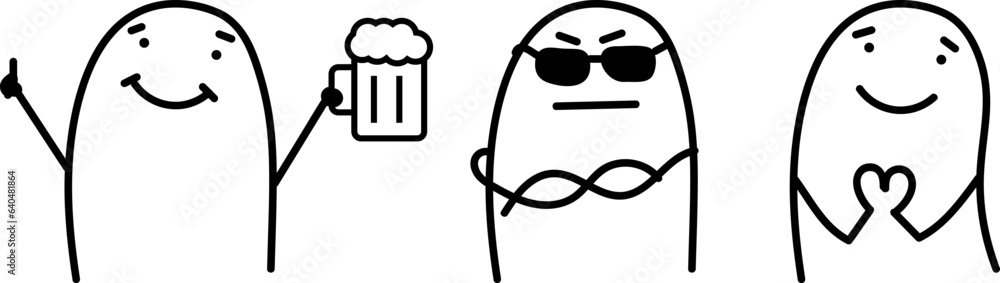 Thumb man. Funny with stick man. Happy drinking beer. Grumpy wearing ...