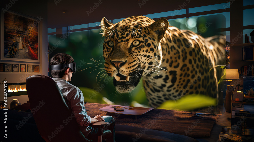 Man watching a 3D movie of a leopard at home with AR/VR goggles Stock Photo | Adobe Stock
