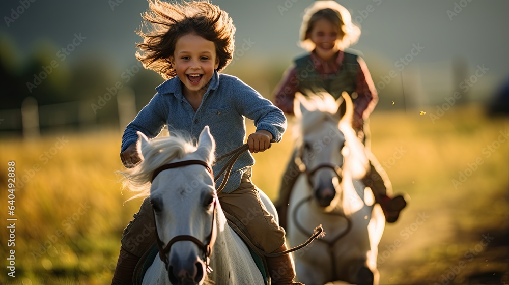 Portrait kids riding a horse in the race AI Generative Stock ...