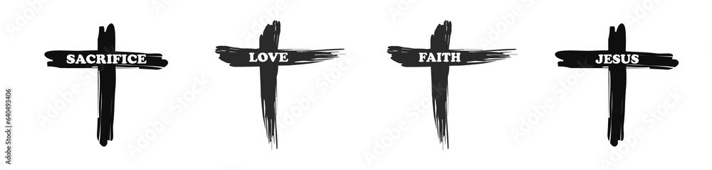 Illustration of a cross with the words sacrifice, faith, love and Jesus ...