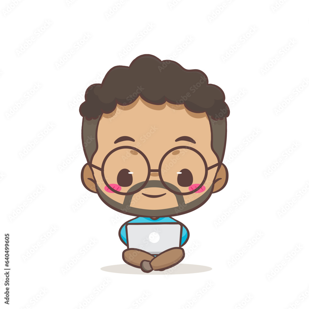 Cute father working on laptop cartoon character. African man wearing ...