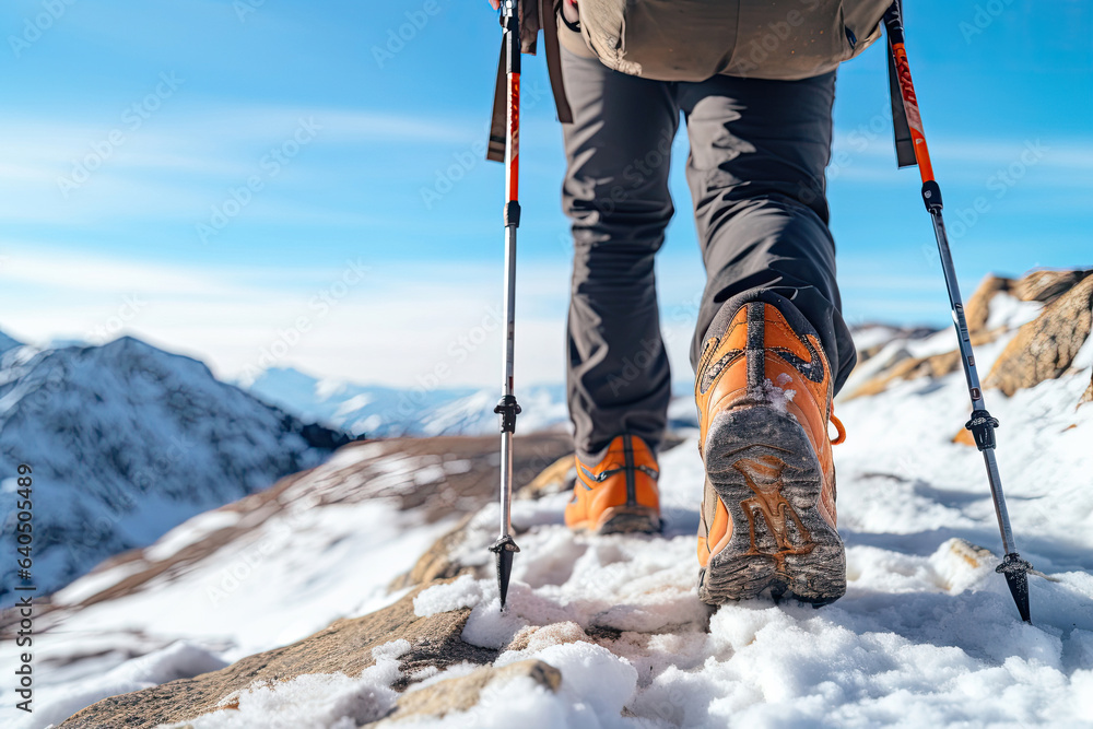 Back view of a man hiking alone in a winter mountains with trekking ...