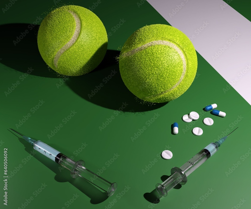 tennis ball and doping drugs syringe on the sport field 3d rendering ...