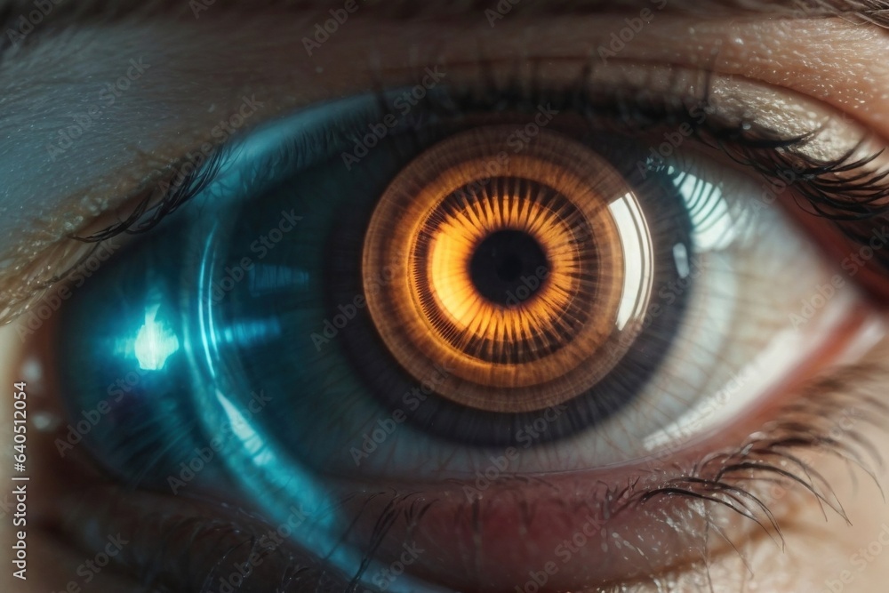 Female eye close up with smart contact lens with digital and biometric ...