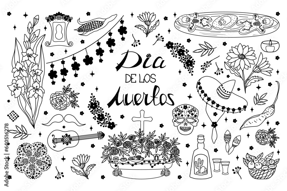 Set of Day of the Dead clipart. Hand drawn Dia de los Muertos doodle ...