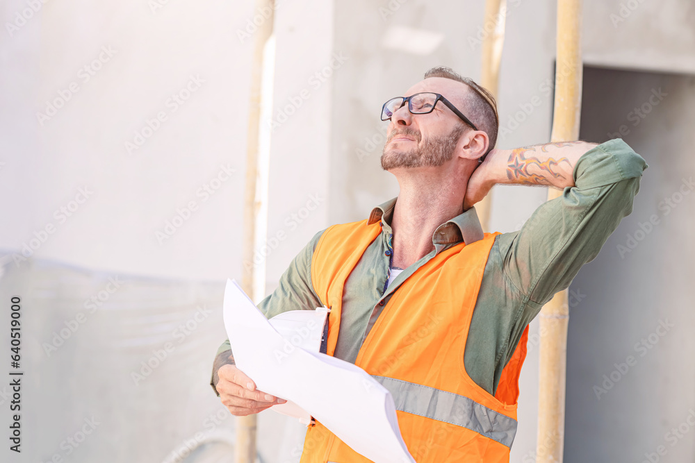 senior engineer worker hard work tired neck strain painful from muscle ...