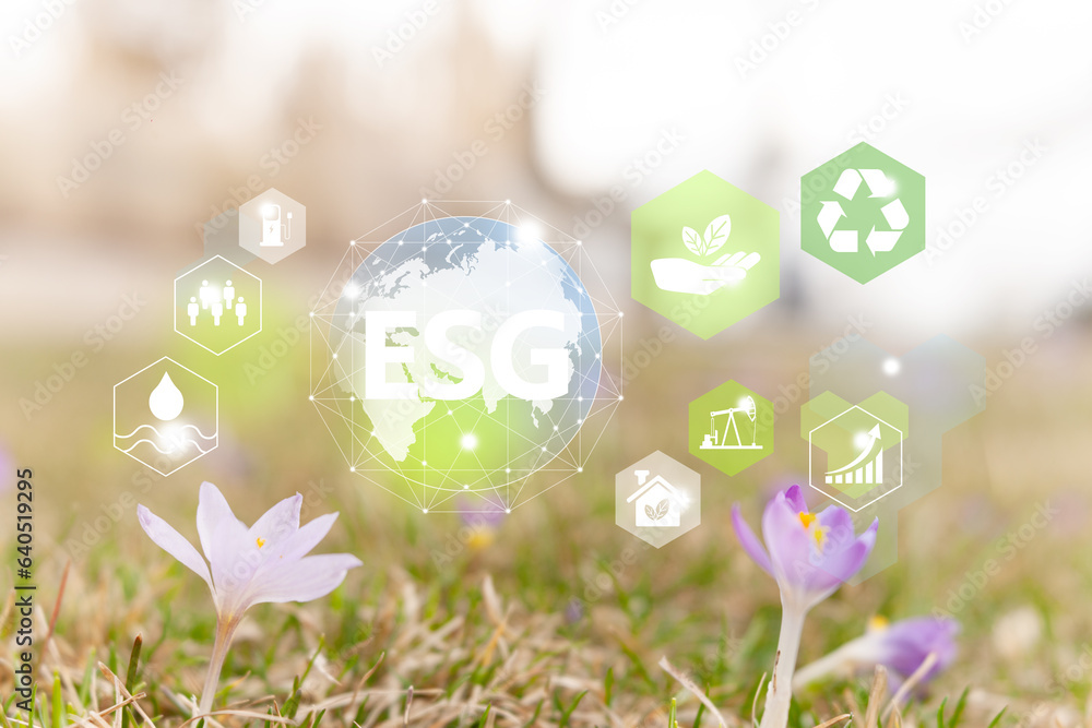 ESG investment strategy concept. Ecology icons with ESG sign and planet ...