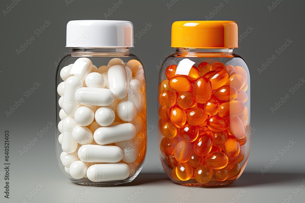 Two orange and white capsules filled with beads of medication Stock ...