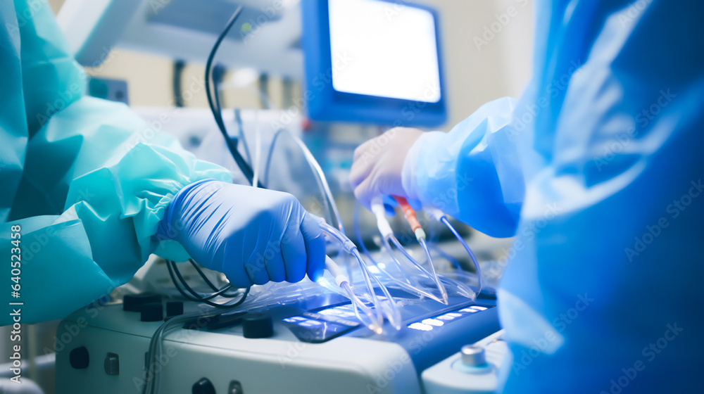 a close-up view of a cardiologist wearing surgical gloves, carefully ...