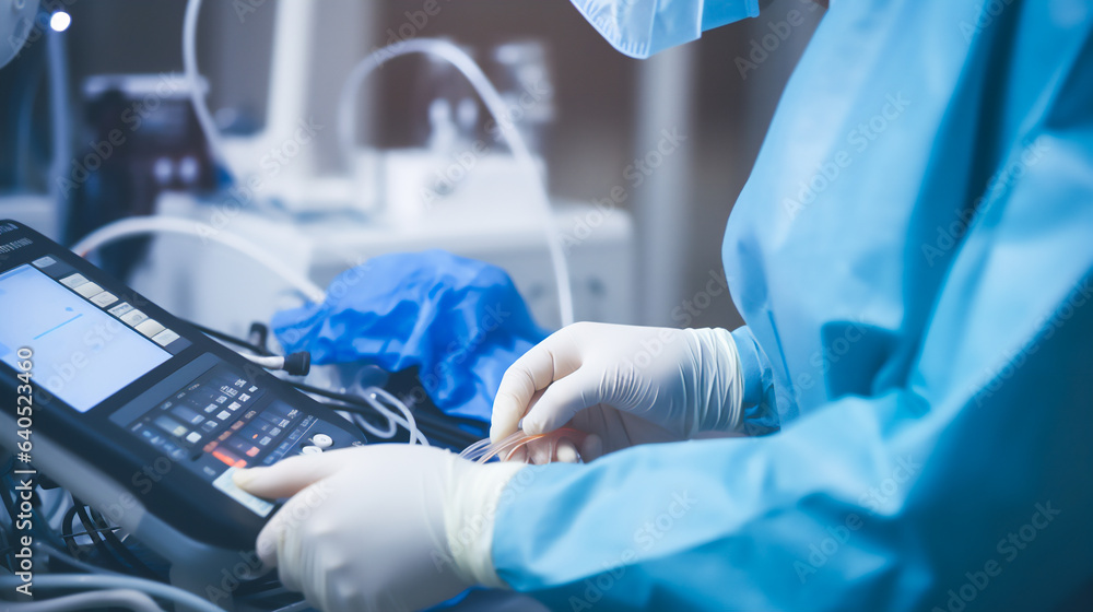 a close-up view of a cardiologist wearing surgical gloves, carefully ...