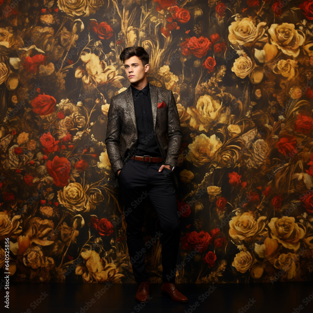 In a dapper dark suit, a male model takes center stage, striking a pose ...