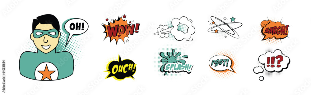 Comic Sound Effect in Pop Art Style with Superhero Vector Set vector de ...