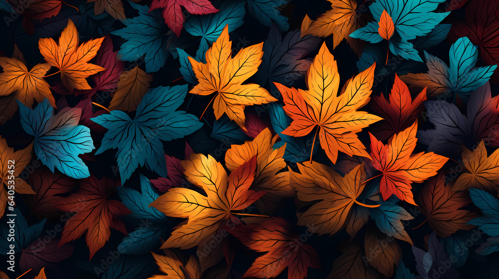 Autumn leaves on black background, in the style of pixelated chaos, cut ...