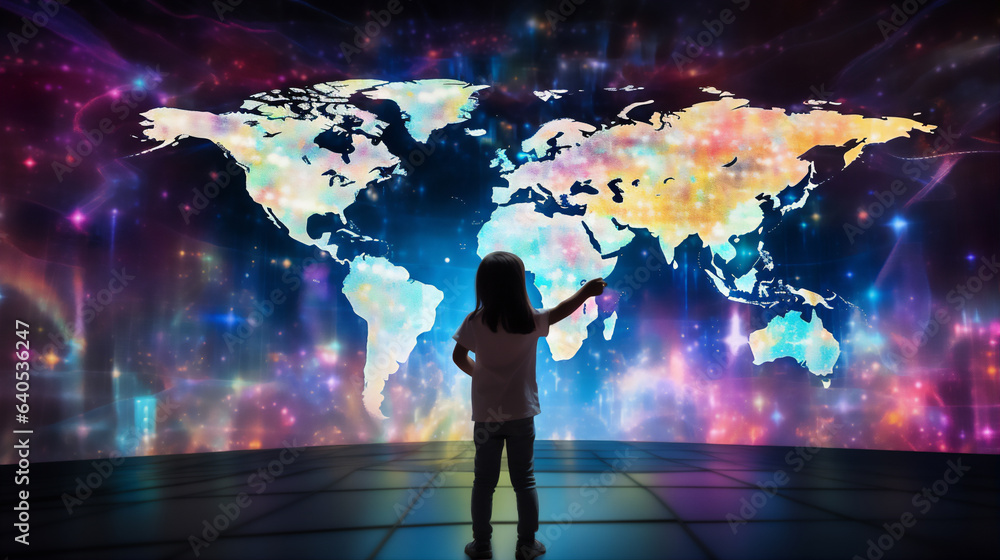 a child standing in front vertical glowing world map hologram and touch ...