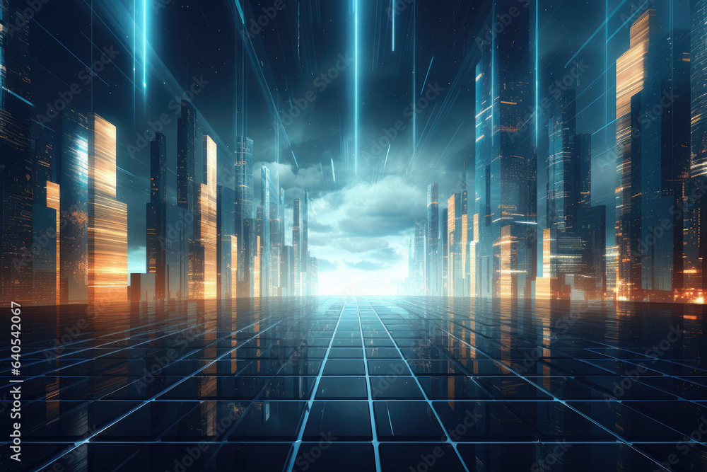 Futuristic city technology with speed light trails path through smart ...