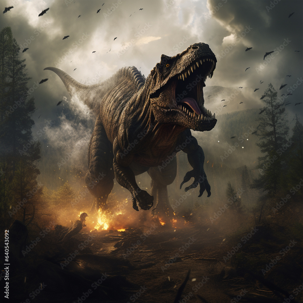 Dinosaur (T-Rex) Tyrannosaurus running and hunting in the woods ...