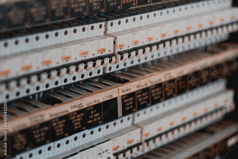 Electrical switchboard. Set of electrical fuses. Circuit breakers close ...