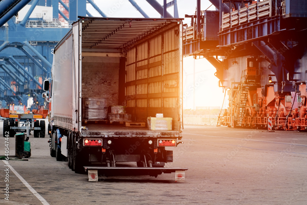 Cargo truck in the port. Heavy-duty commercial vehicle. Semitrailer ...