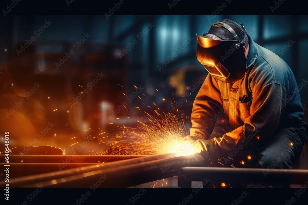 metal welder using an arc welding machine to weld steel at a factory ...