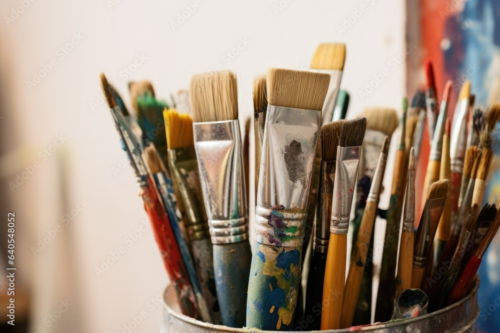 various paintbrushes used in an art studio. It captures the process of ...