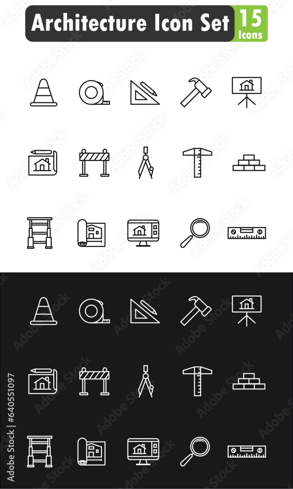 Architecture icon set. black and white. Line Editable Icons set. Vector ...