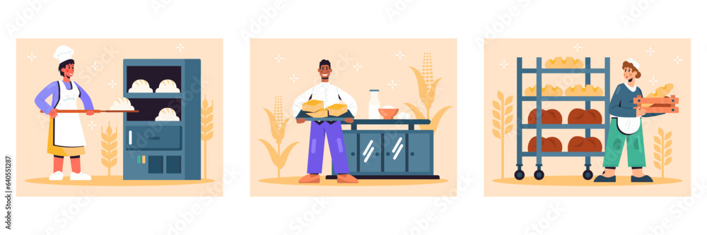 Female in uniform standing near oven and putting bread for baking in ...
