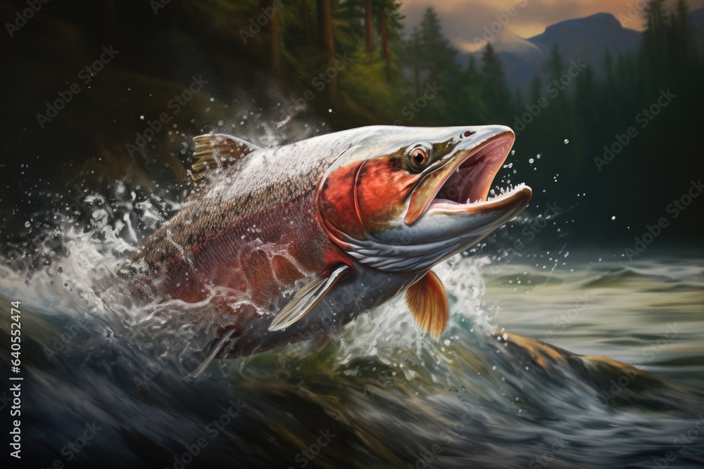 3d illustration of a big salmon fish jumping out of the water, Action ...