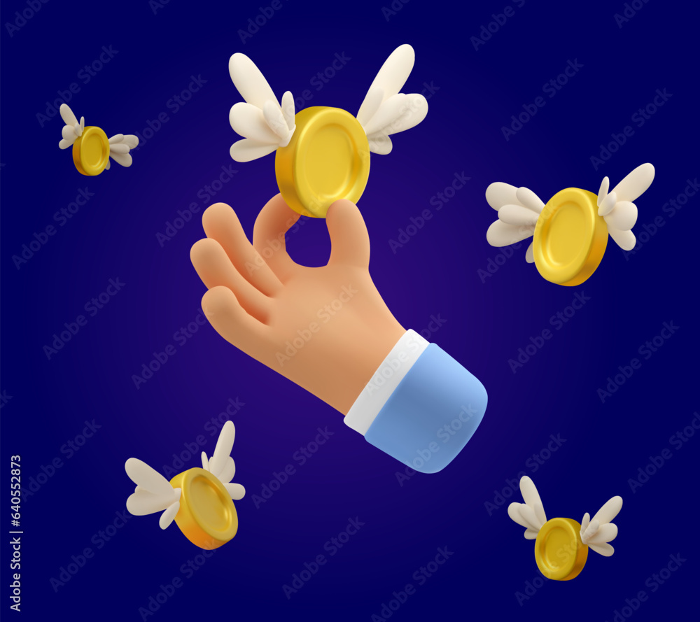 3d hand with gold coin background. Flying golden money with wings ...