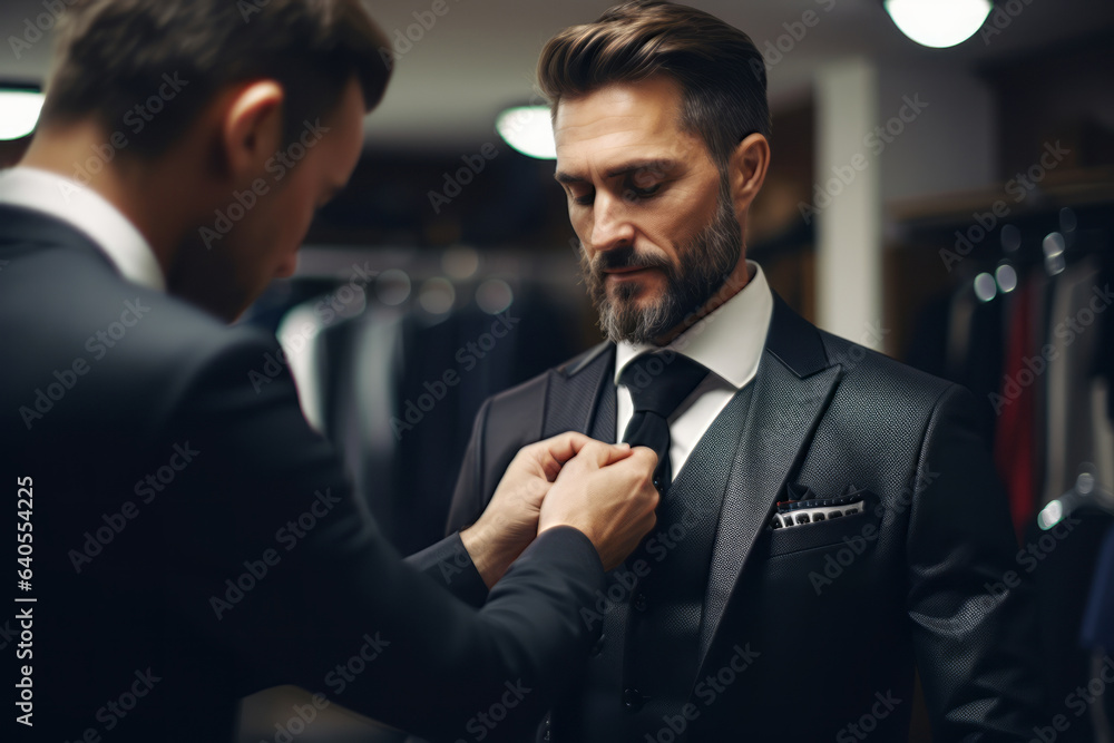 Man buys a suit at a high-end clothing store. Suit for businessmen ...