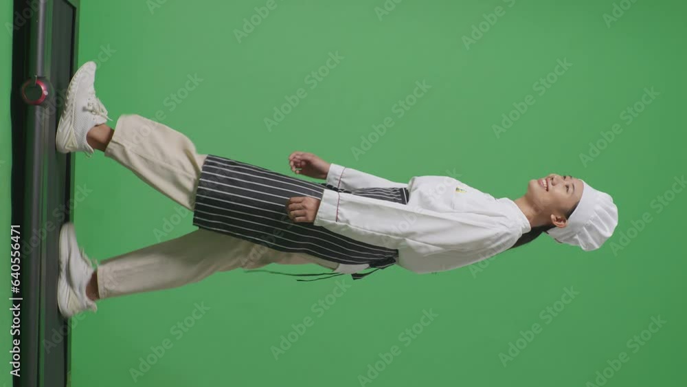 Full Body Of Side View Asian Woman Chef Walking On Treadmill And ...