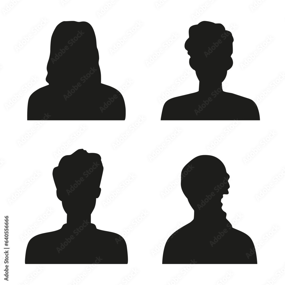 Vector flat illustration. Silhouettes of men and women in black. Avatar ...