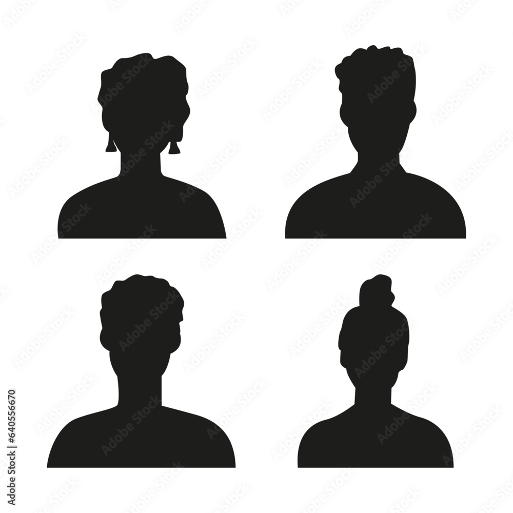 Vector flat illustration. Silhouettes of men and women in black. Avatar ...