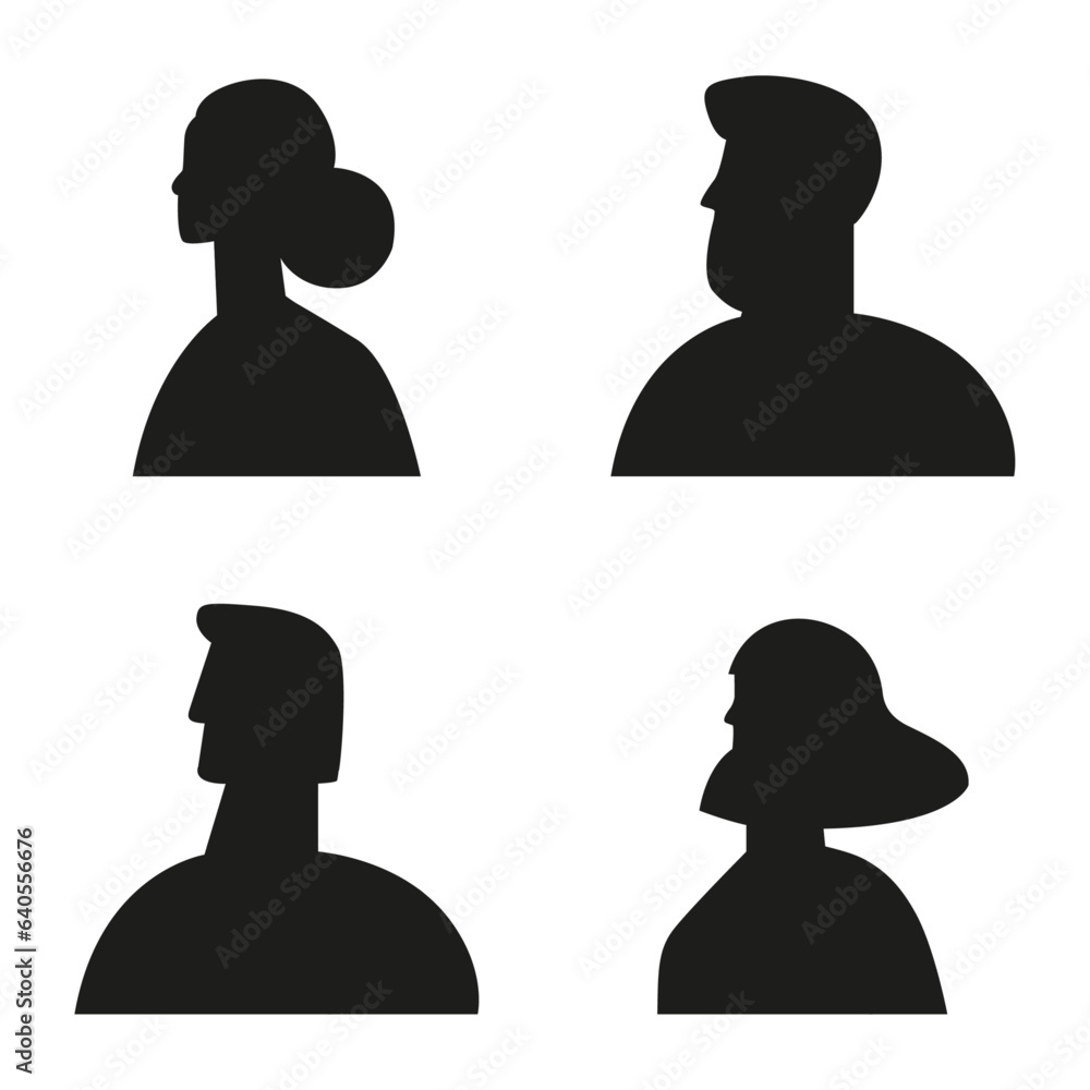 Vector flat illustration. Silhouettes of men and women in black. Avatar ...