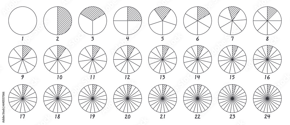 Circles divided into parts from 1 to 24. Outline round chart for infographic, pie portion or ...