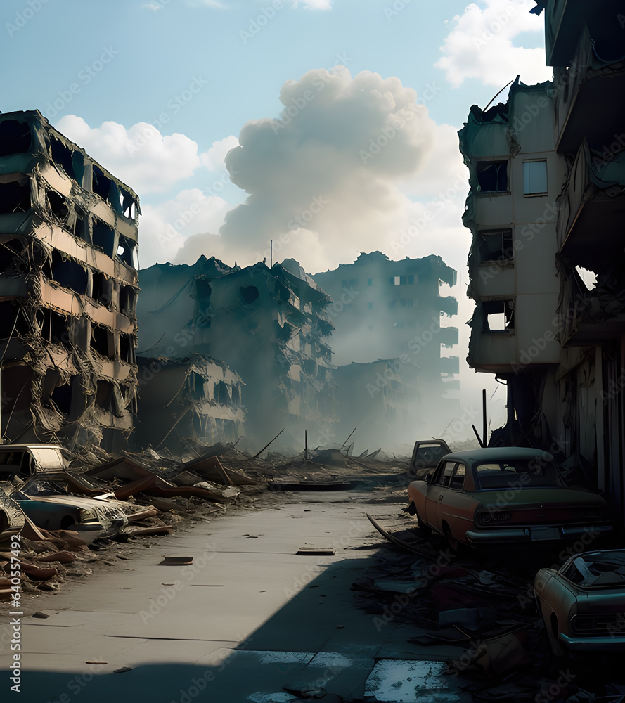 Ruined and demolished city with rundown buildings after nuclear bombing ...