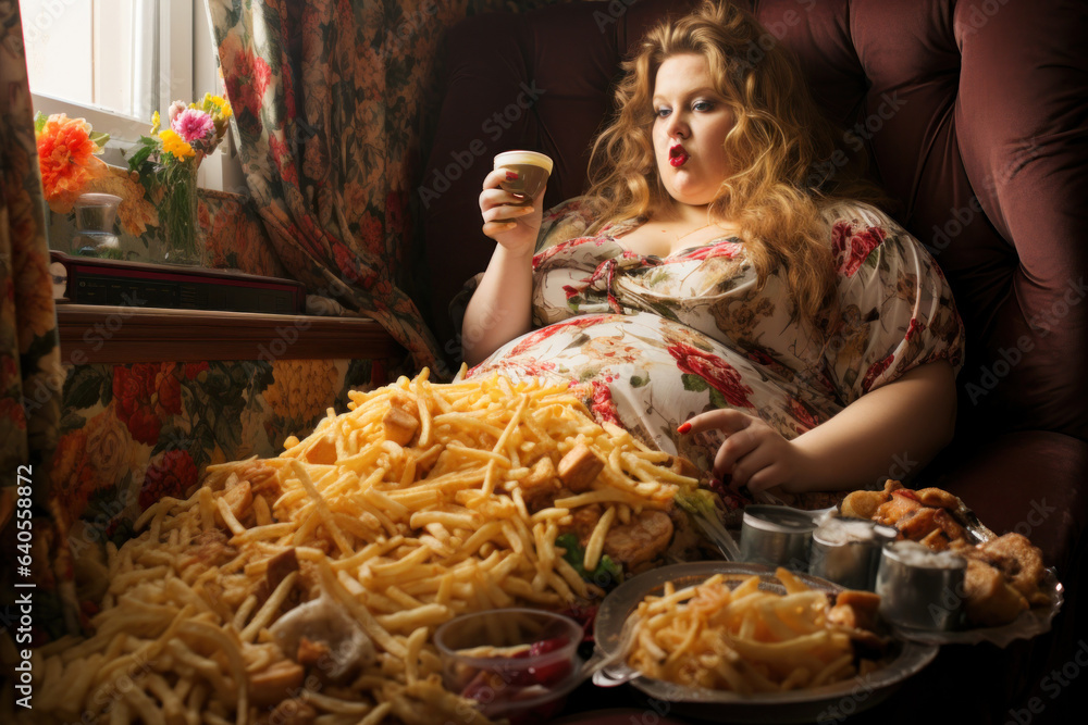 An obese woman sitting on the couch surrounded by fast food and french ...